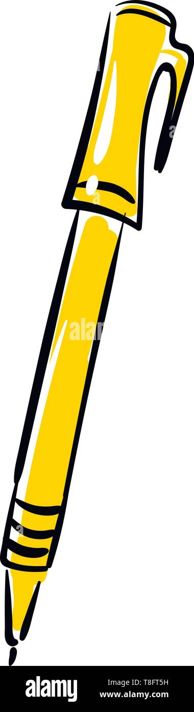 A yellow ball pen with a white exclamation mark and the lead pointing ...