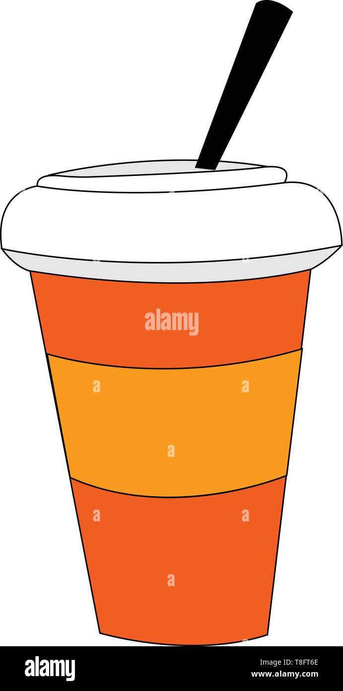 An orange cup of coffee with a black stirrer, vector, color drawing or ...