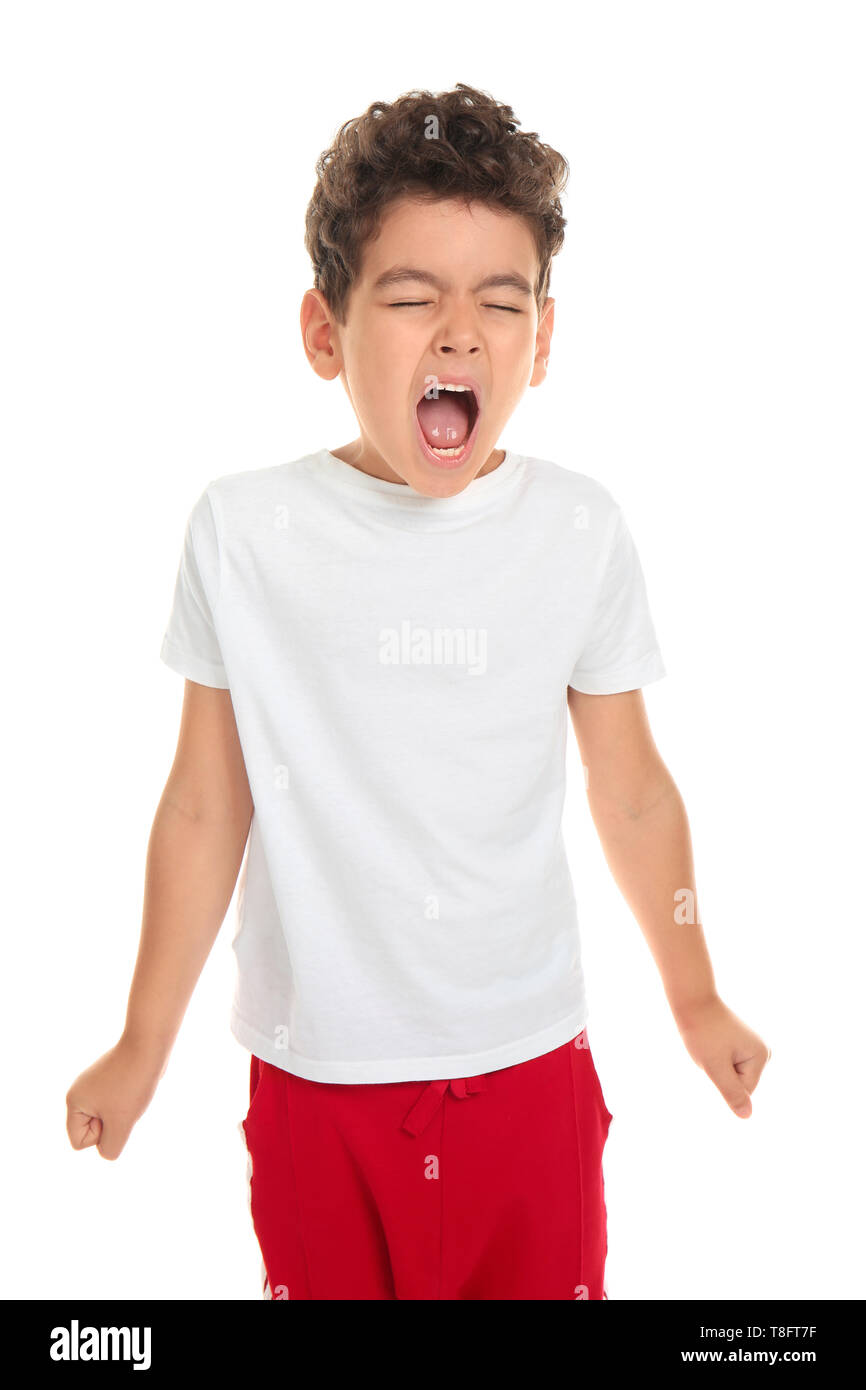 Screaming little boy on white background Stock Photo - Alamy