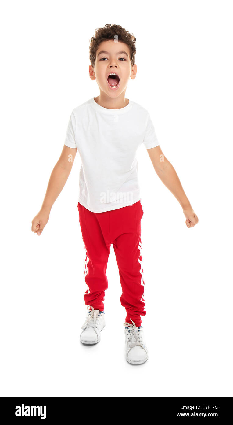 Screaming little boy on white background Stock Photo - Alamy