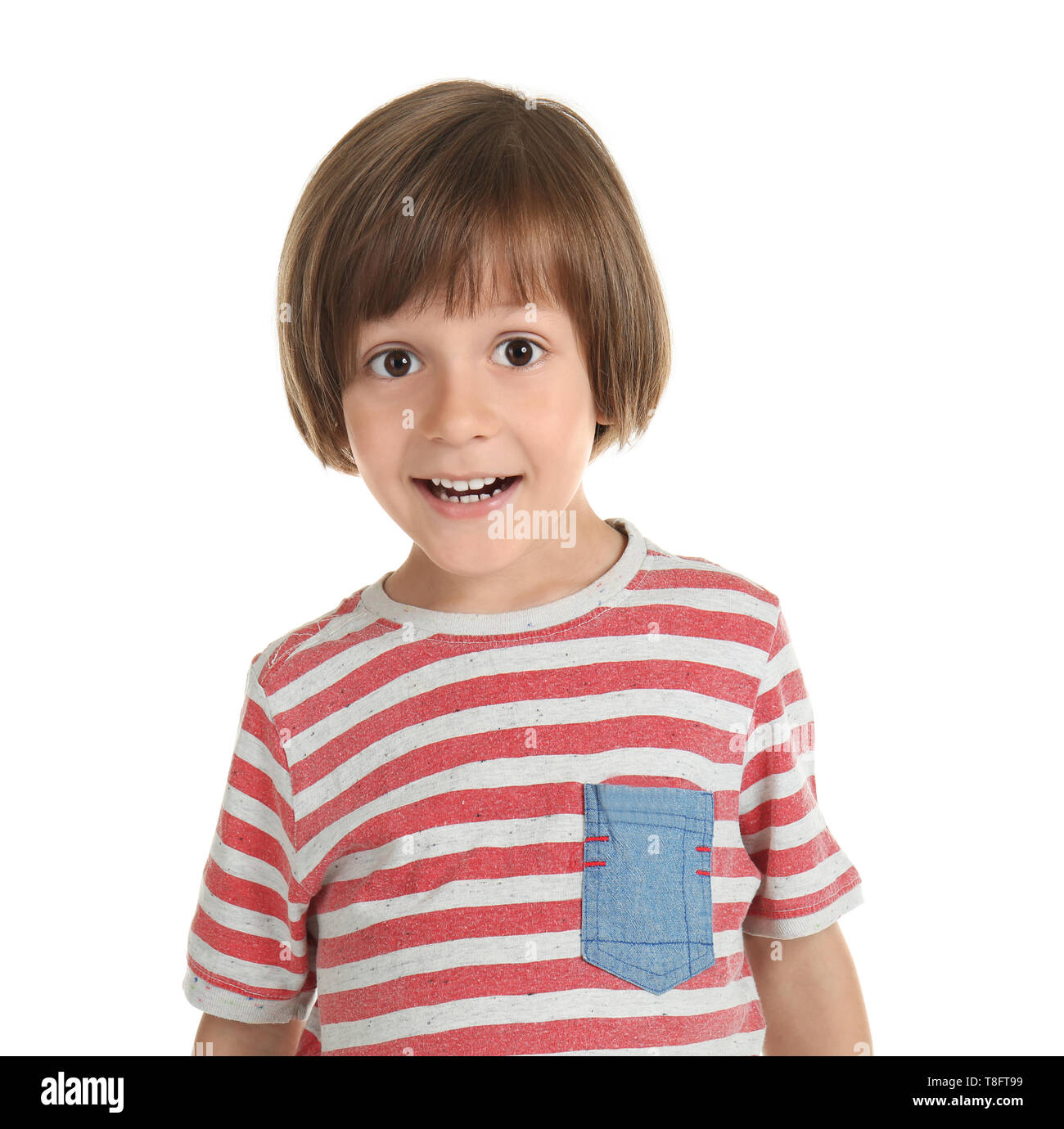 Surprised little boy on white background Stock Photo - Alamy