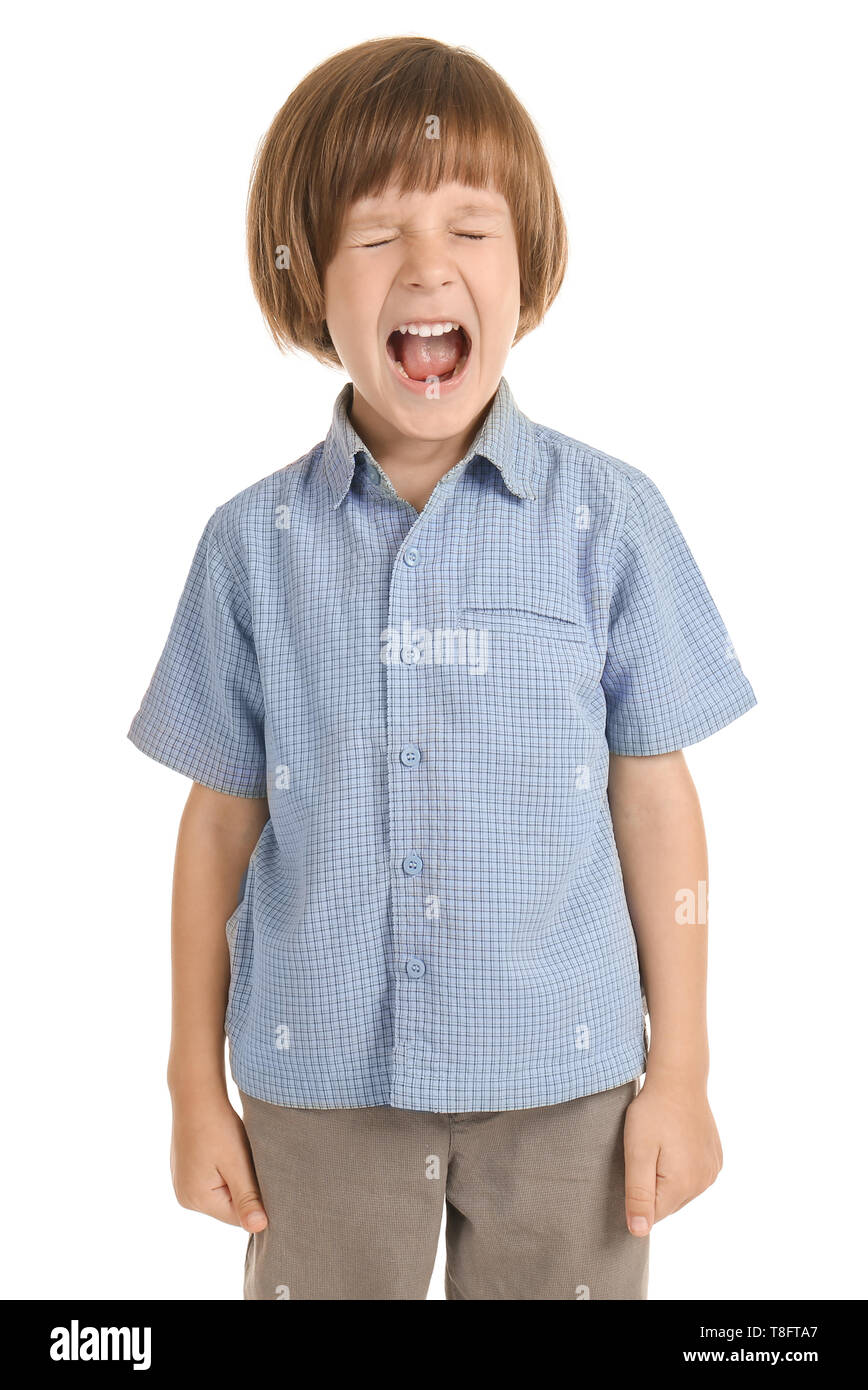 Screaming little boy on white background Stock Photo - Alamy