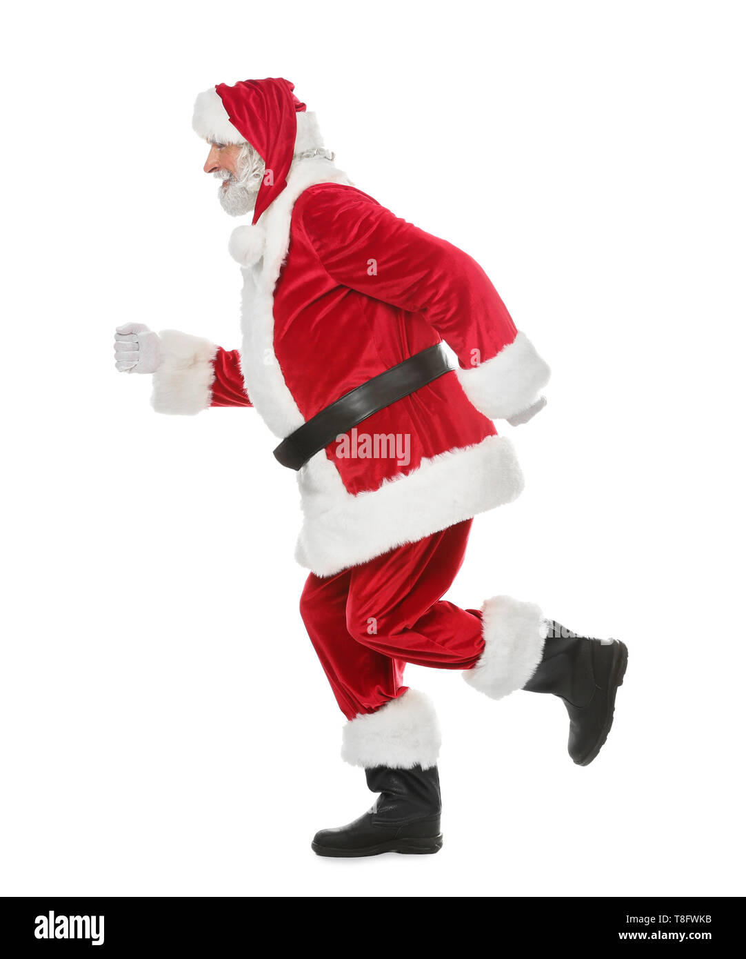 Running Santa Claus on white background Stock Photo - Alamy