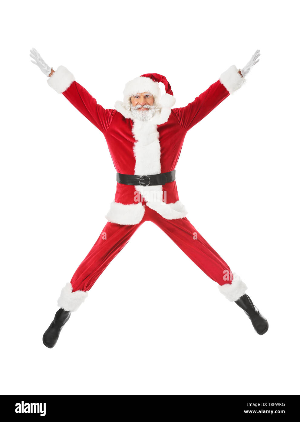 Jumping Santa Claus on white background Stock Photo - Alamy