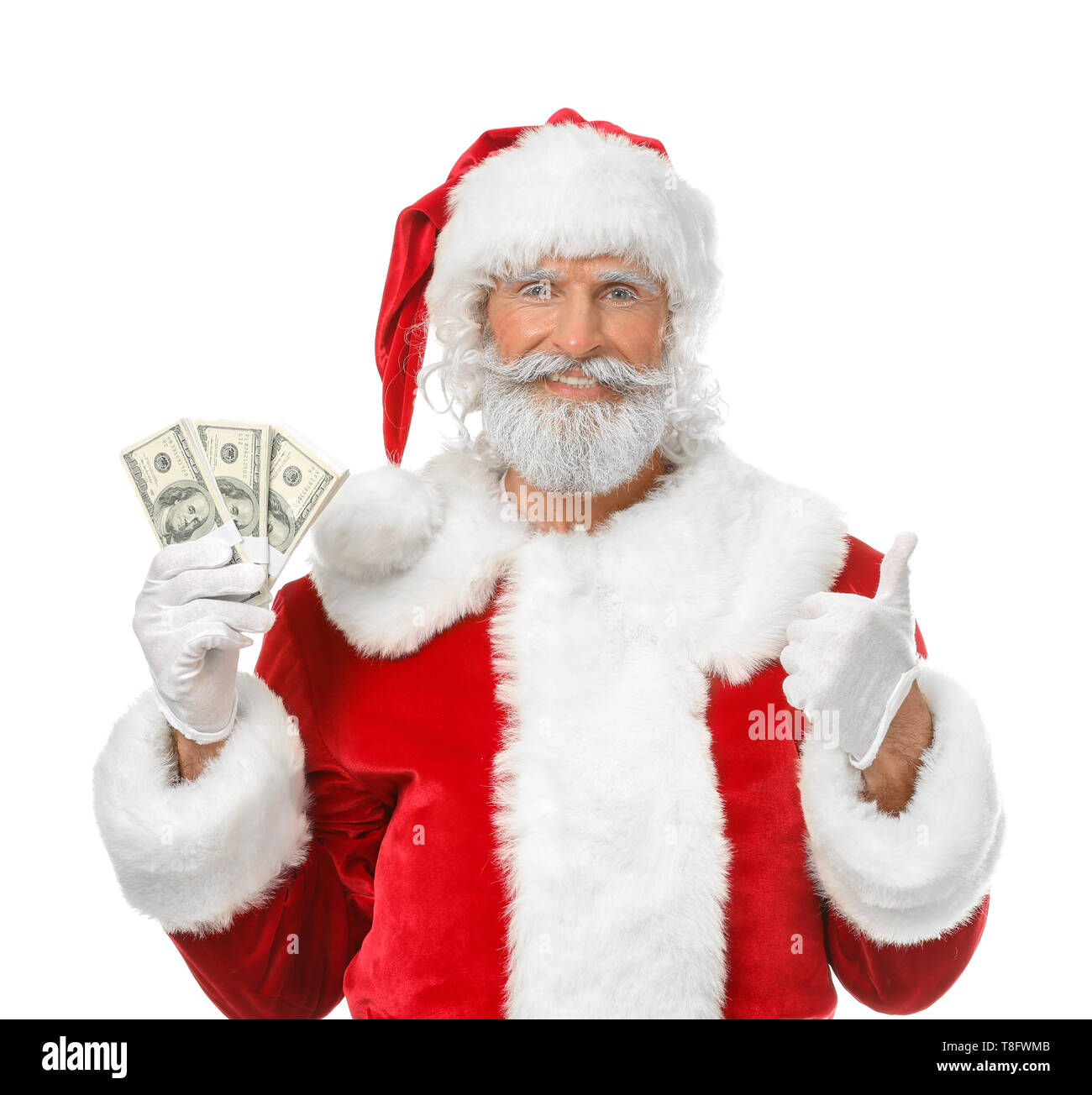 Santa Claus with dollar banknotes on white background Stock Photo - Alamy