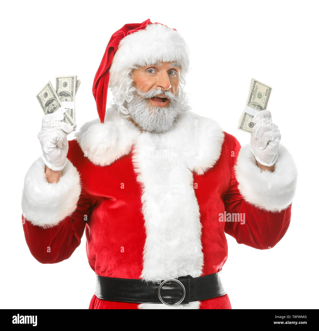 Santa Claus with dollar banknotes on white background Stock Photo - Alamy
