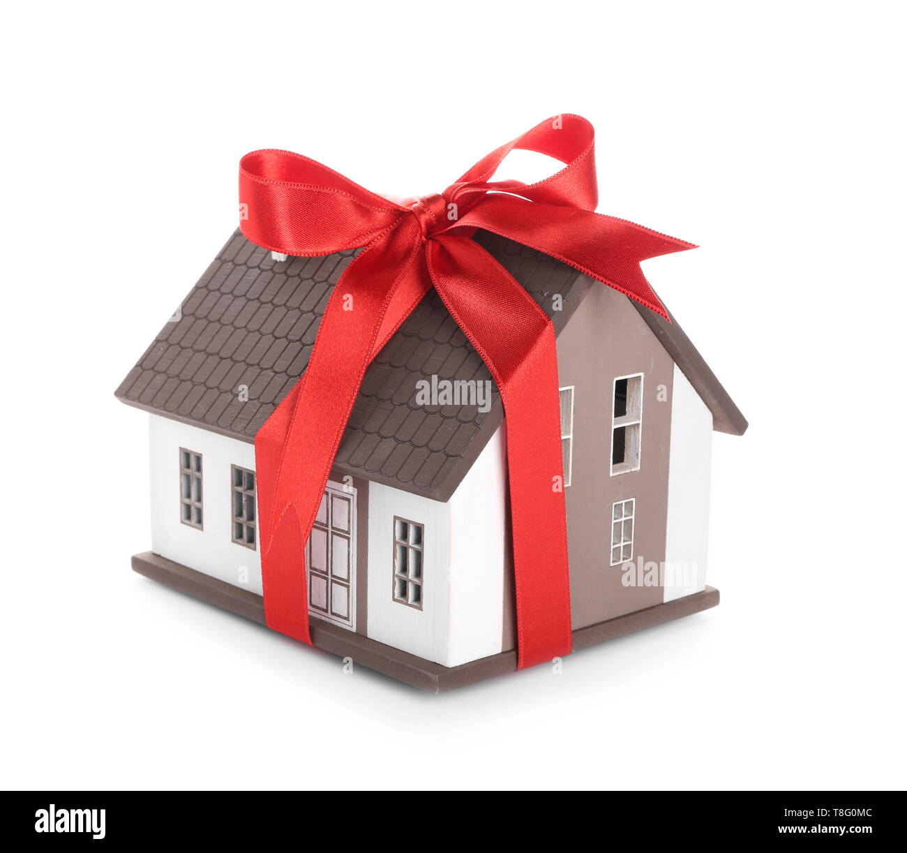 House model with red ribbon on white background. Mortgage concept Stock ...