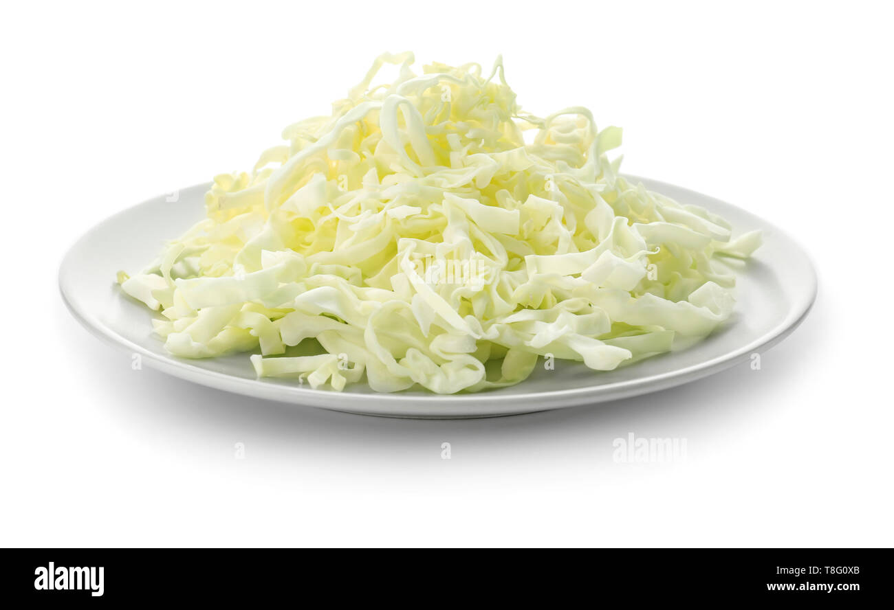 Plate with cut cabbage on white background Stock Photo - Alamy
