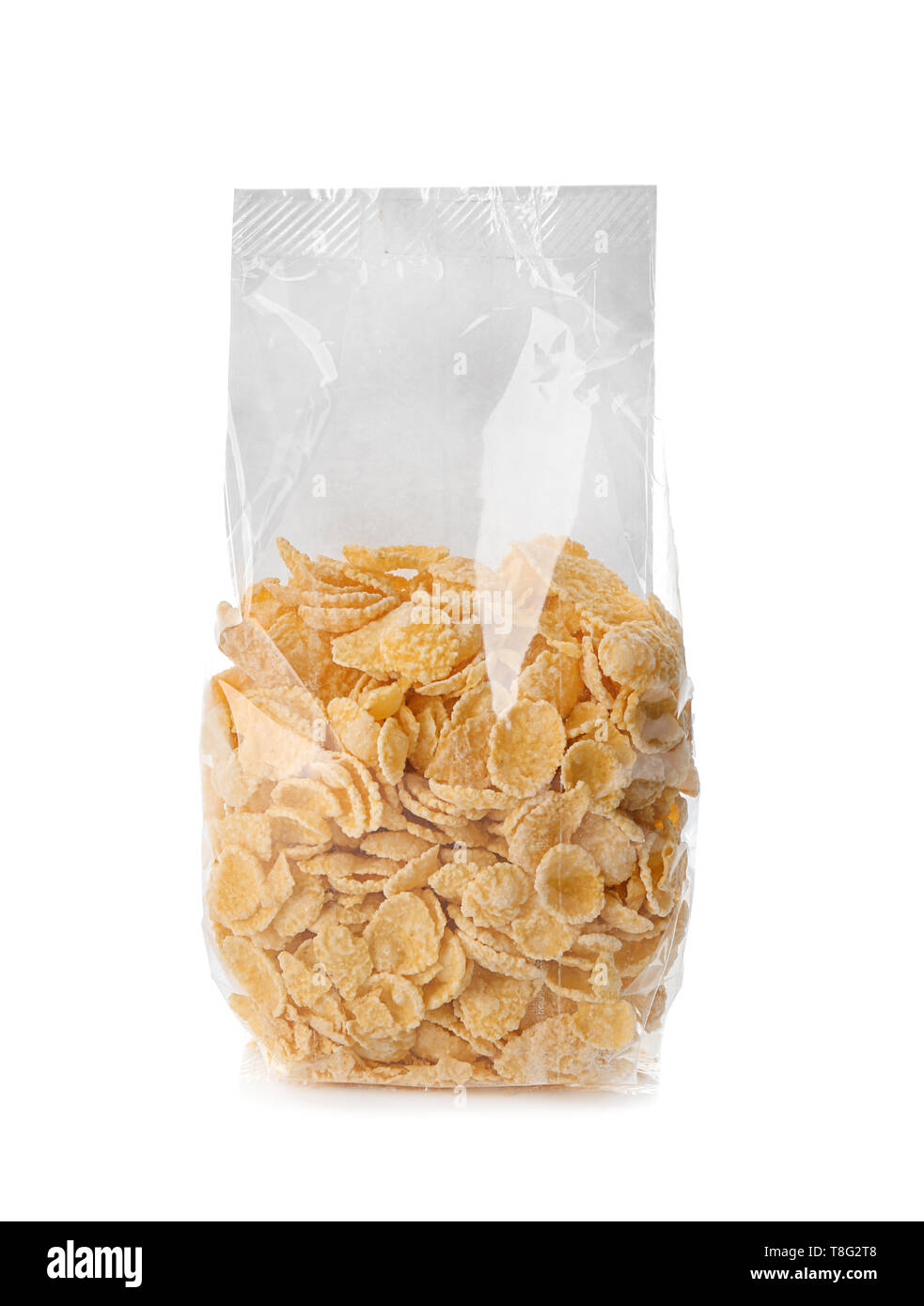 Package with healthy cornflakes on white background Stock Photo - Alamy