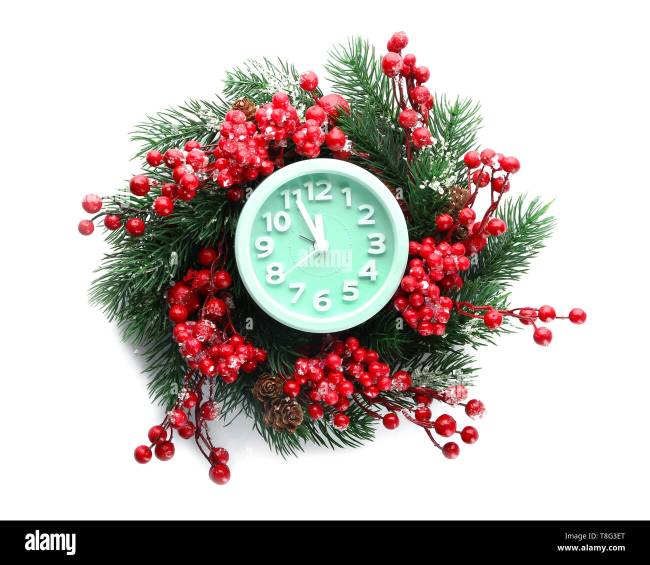 Alarm clock and festive decor on white background. Christmas countdown ...