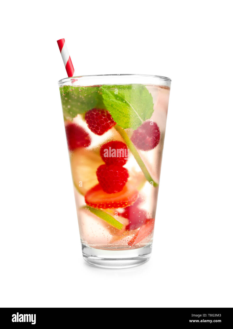 Glass of fresh raspberry cocktail on white background Stock Photo - Alamy