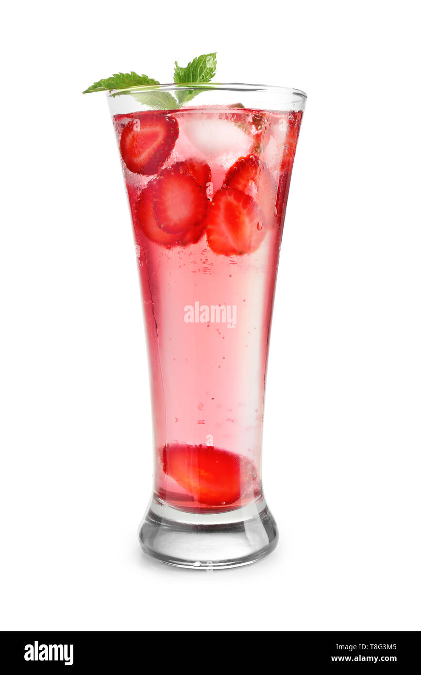 Glass of fresh strawberry cocktail on white background Stock Photo - Alamy