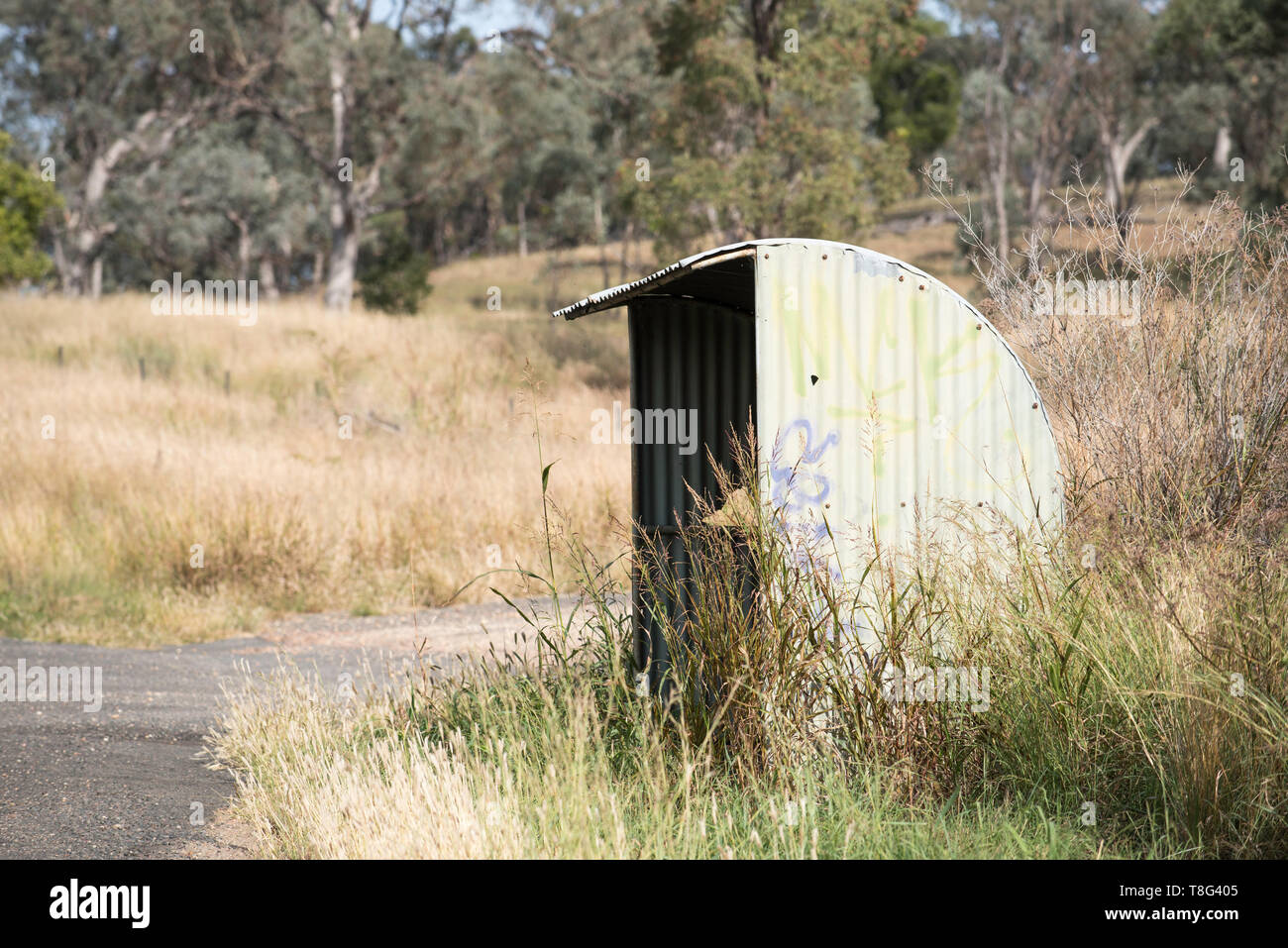 A lonely empty corrugated iron bus stop surrounded by long grass, near ...