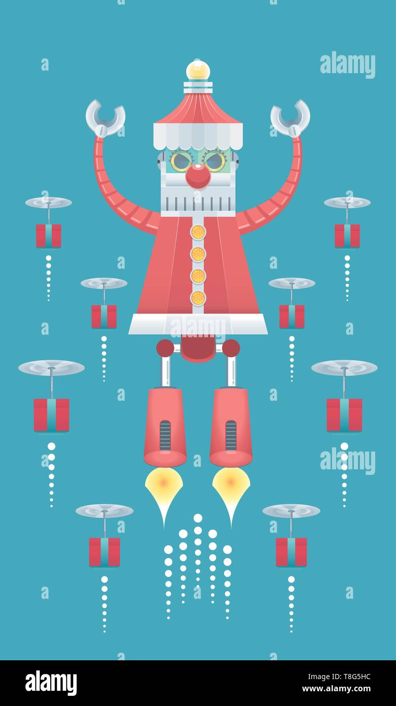 Flying robot santa with a group of mechanical presents Stock Vector ...