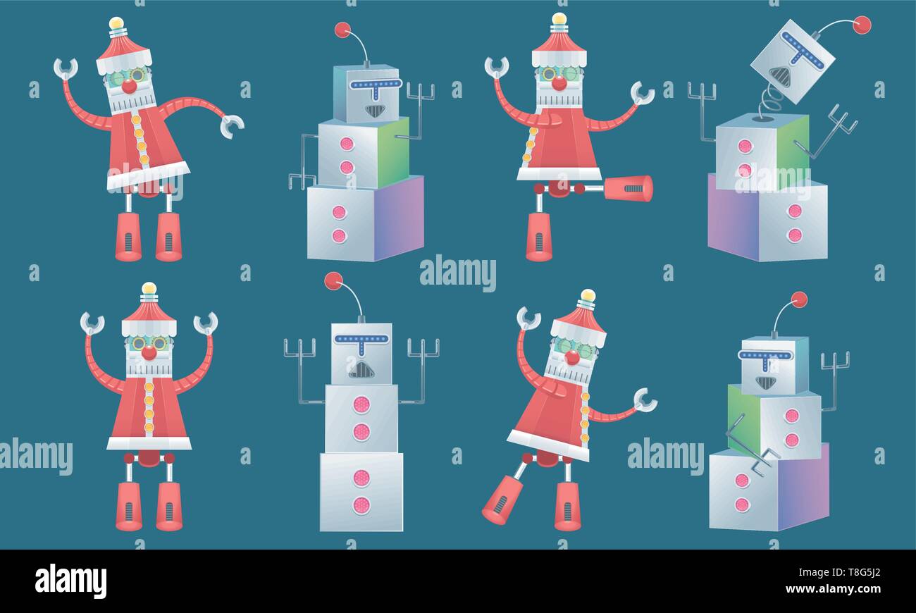 Isolated robot Santa and robot snow man with various dancing posts ...