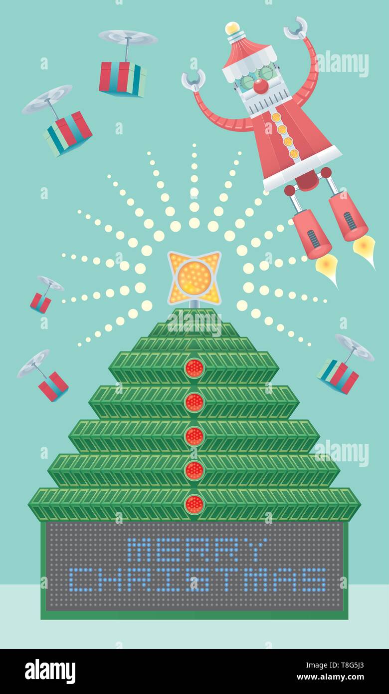 Flying robot santa with a huge mechanical Christmas tree Stock Vector ...