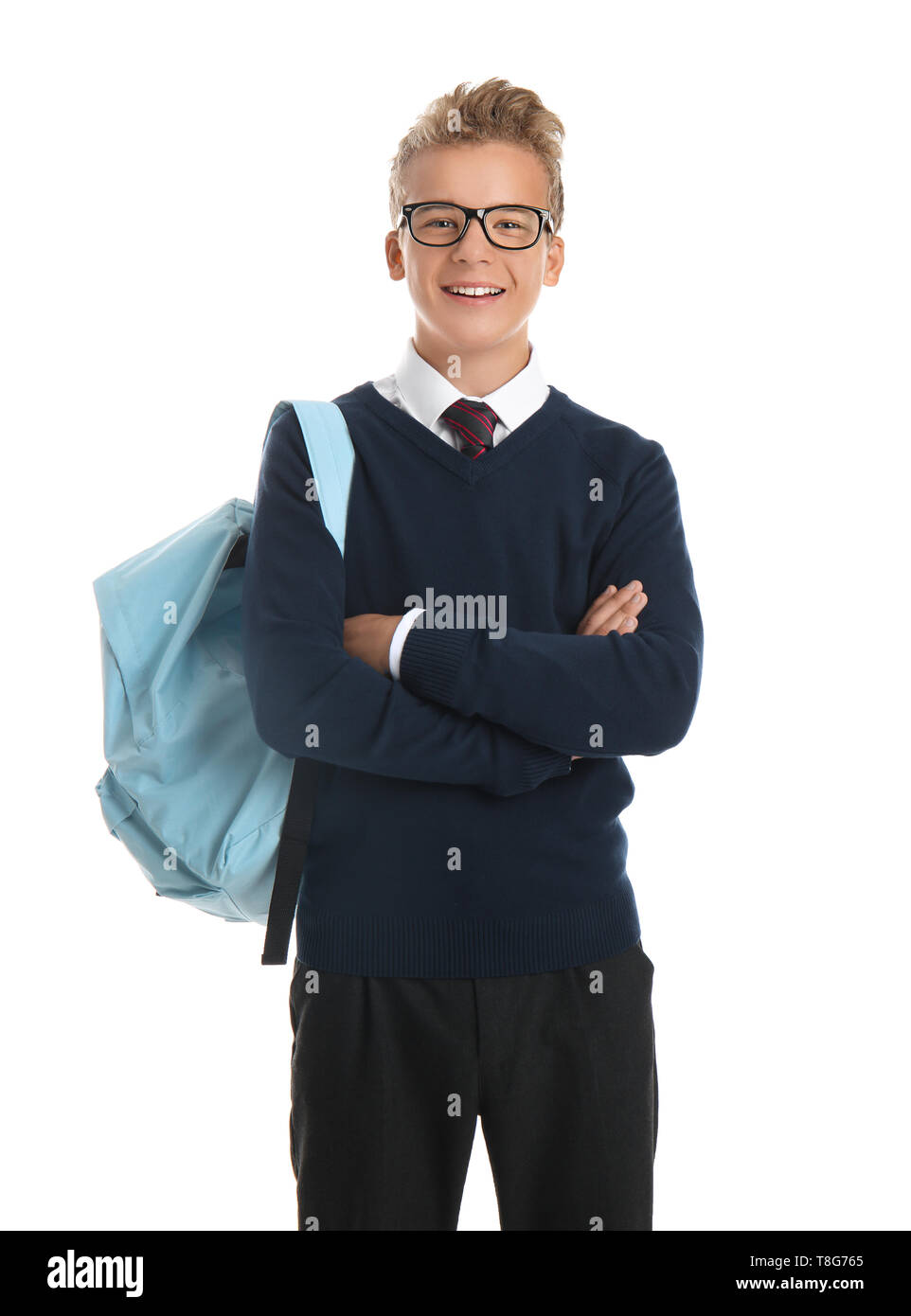 Teenage boy with backpack on white background Stock Photo - Alamy
