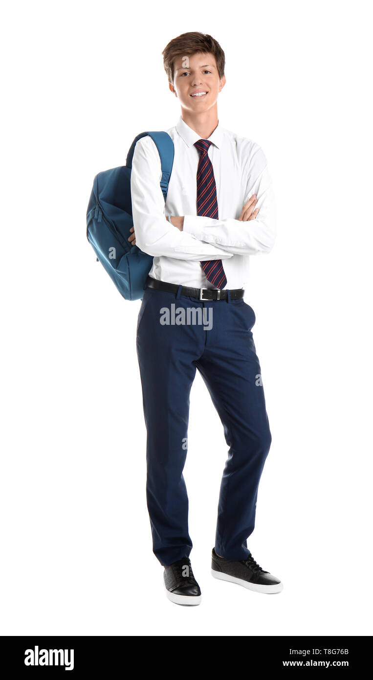 Teenage boy with backpack on white background Stock Photo - Alamy