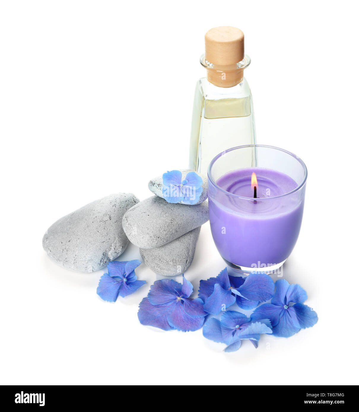 Beautiful spa composition with hydrangea flowers on white background ...