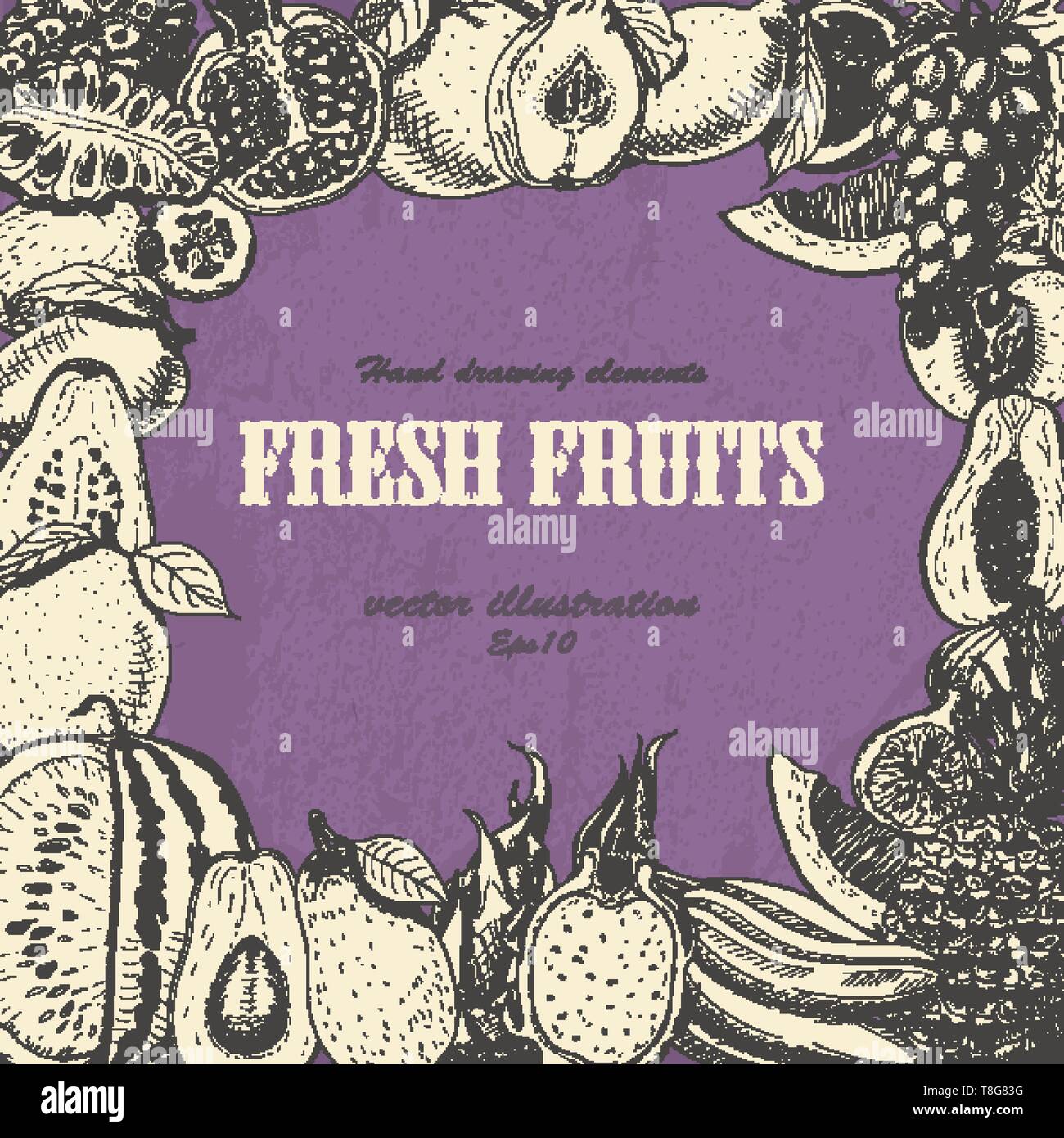 Vector background with exotic fruits on a purple background. Vector ...
