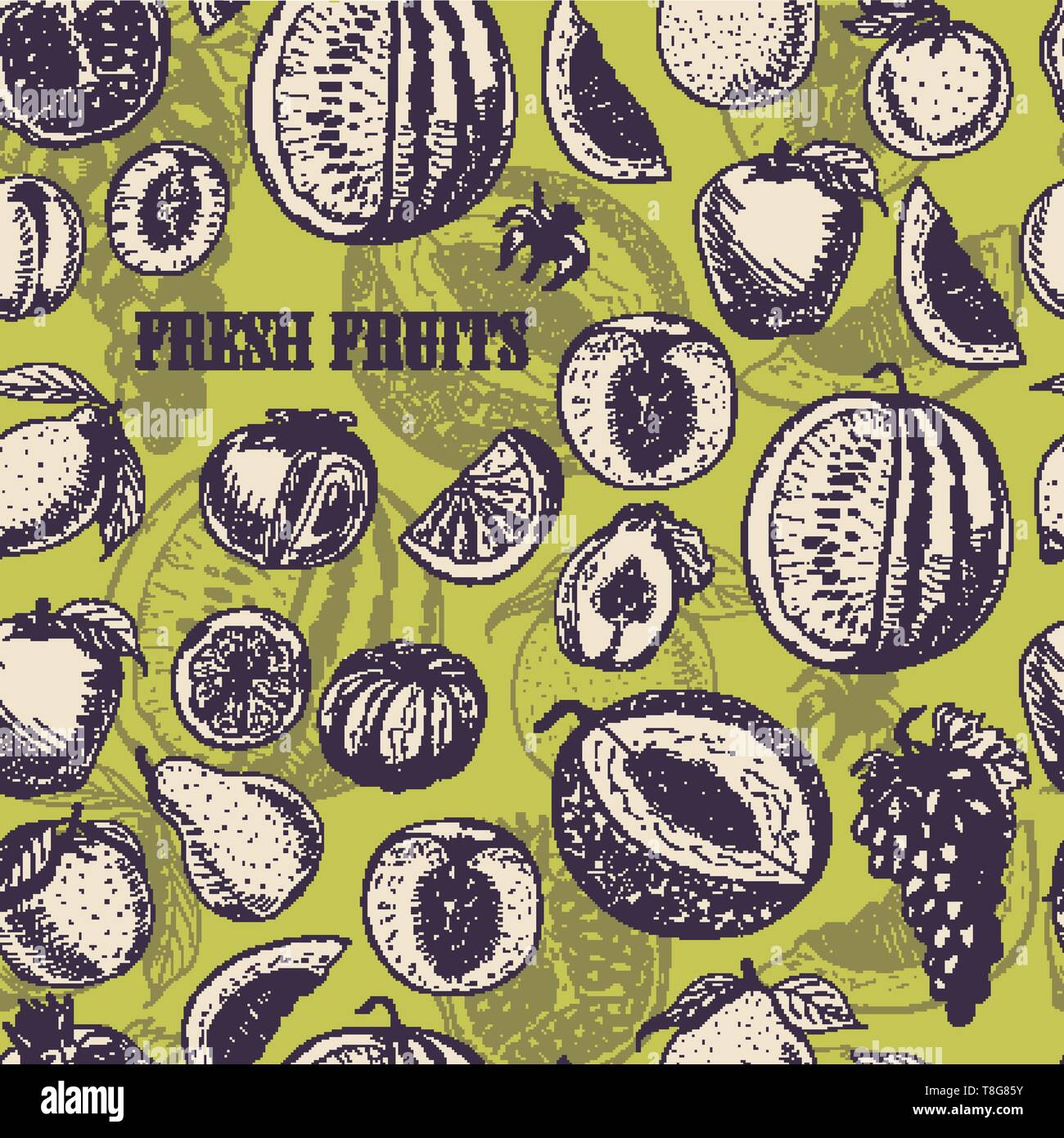 Seamless pattern with fruits on light green background. Vector ...
