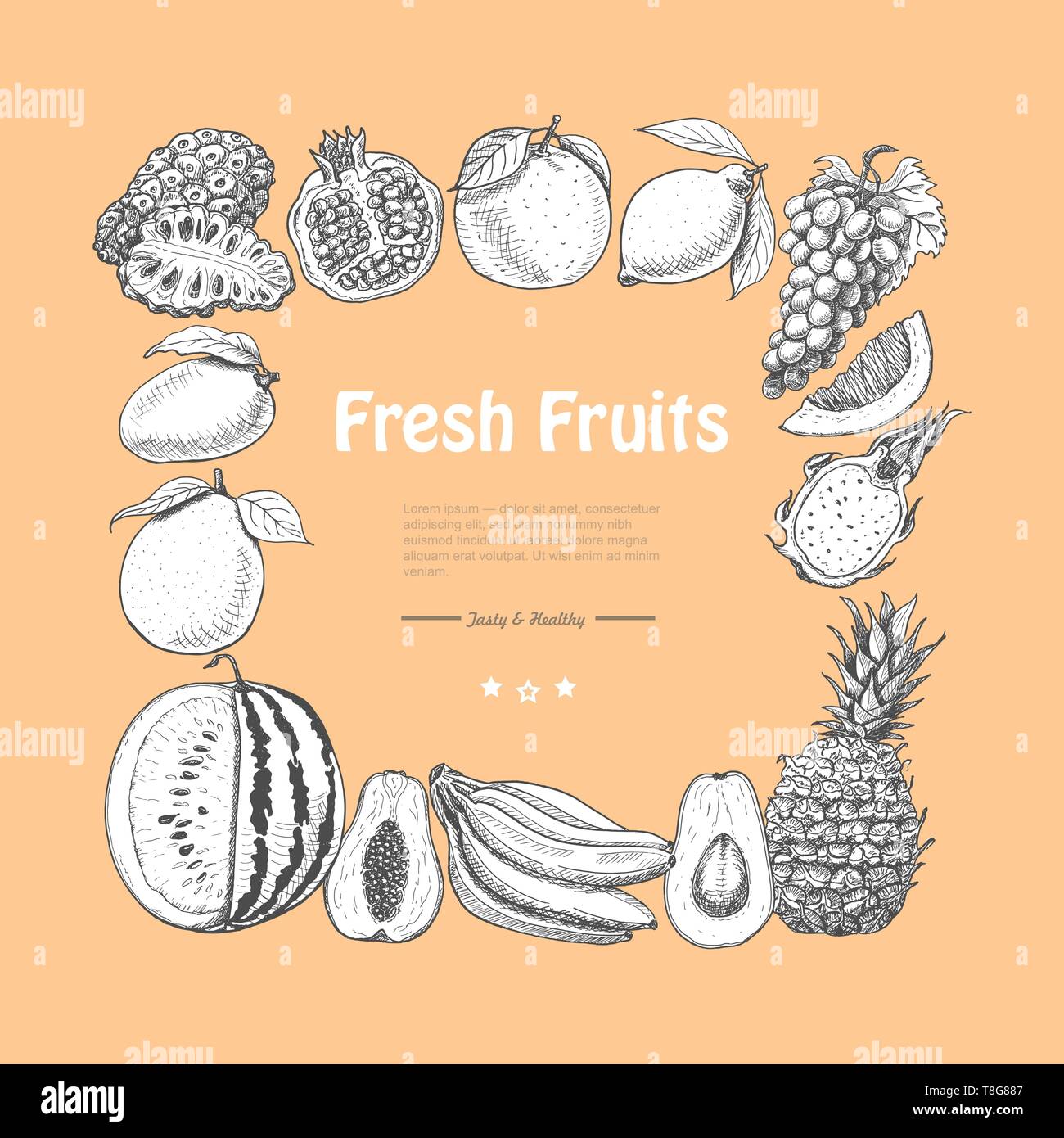 Vector square frame of exotic fruits. Vector illustration for your ...