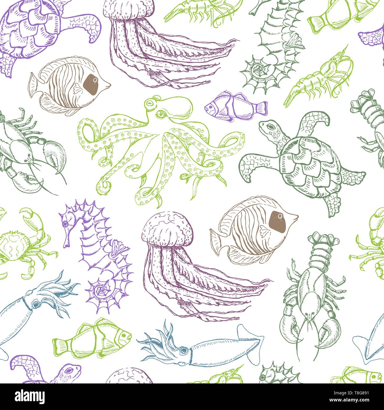 Seamless pattern with hand drawn sea animals. Vector illustration for ...