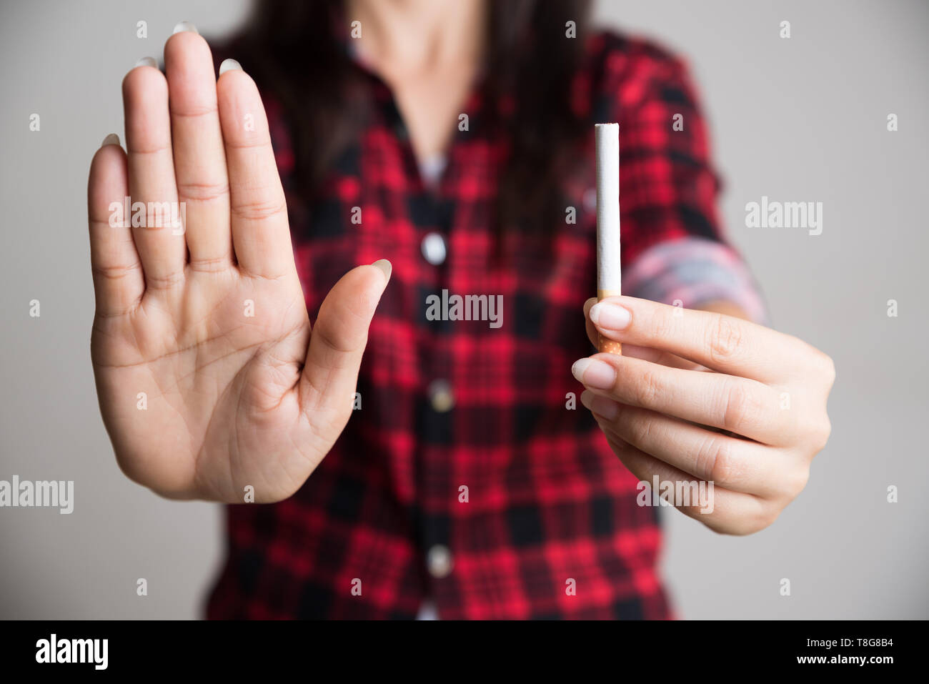 World No Tobacco Day. STOP Smoking. Close up woman hand stop sign ...