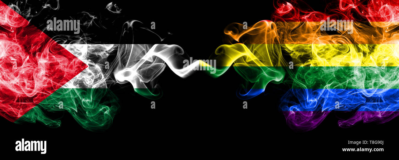 Palestine vs Gay pride smoky mystic flags placed side by side. Thick ...