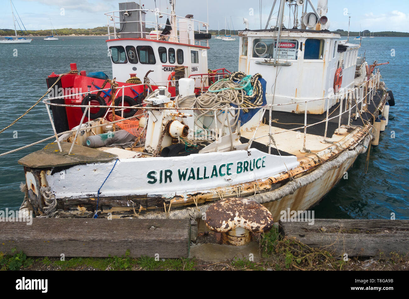 Working boat secured to mooring at American River on Kangaroo Island ...