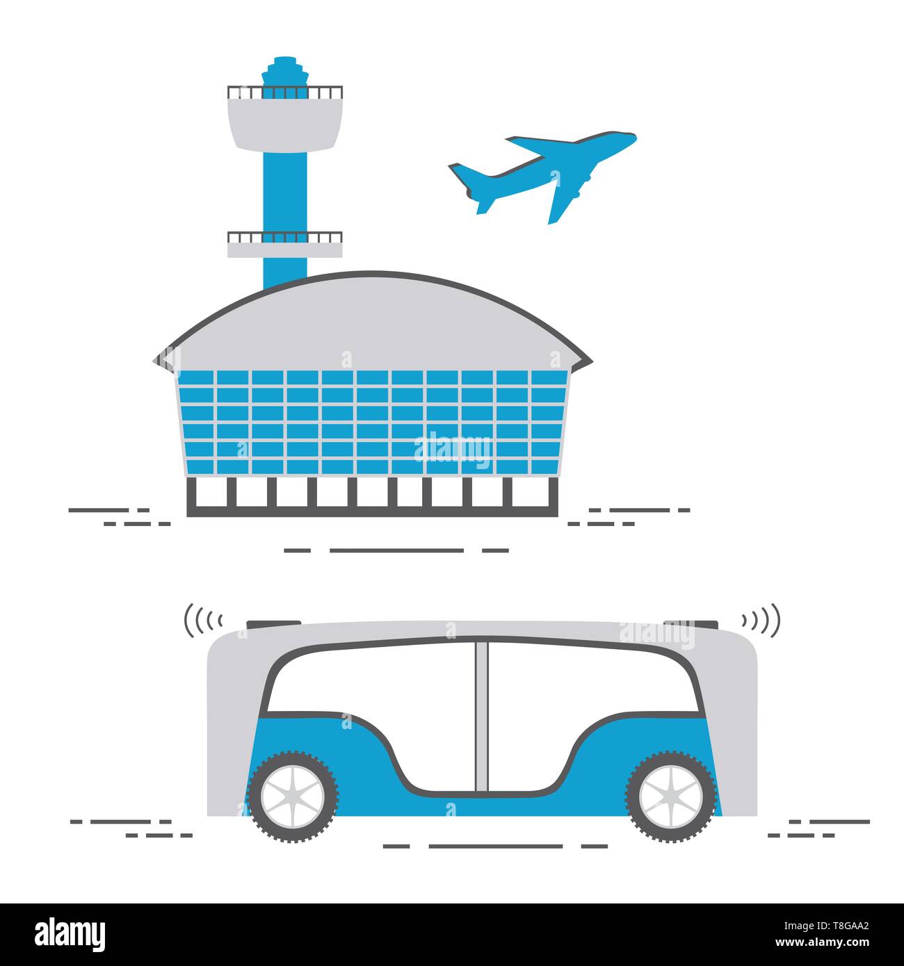 Self-driving transportation of passengers to airport. Automated bus ...