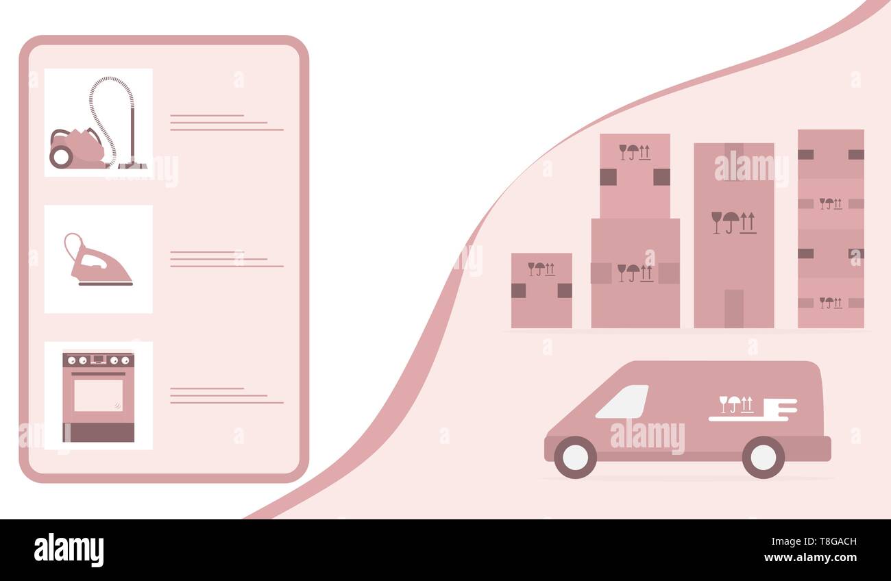 Vector illustration with order goods online. Warehouse, delivery. Cargo ...