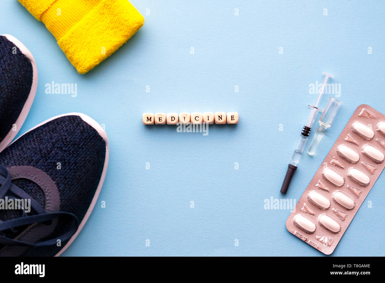 The concept of doping in sport. Inscription Medicine on a blue ...