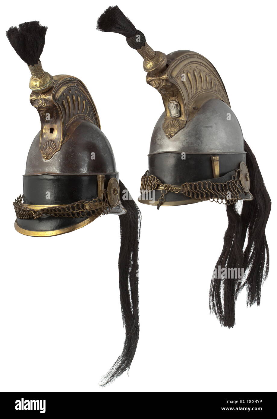 Two helmets for enlisted men of the cuirassiers Steel skulls with brass ...