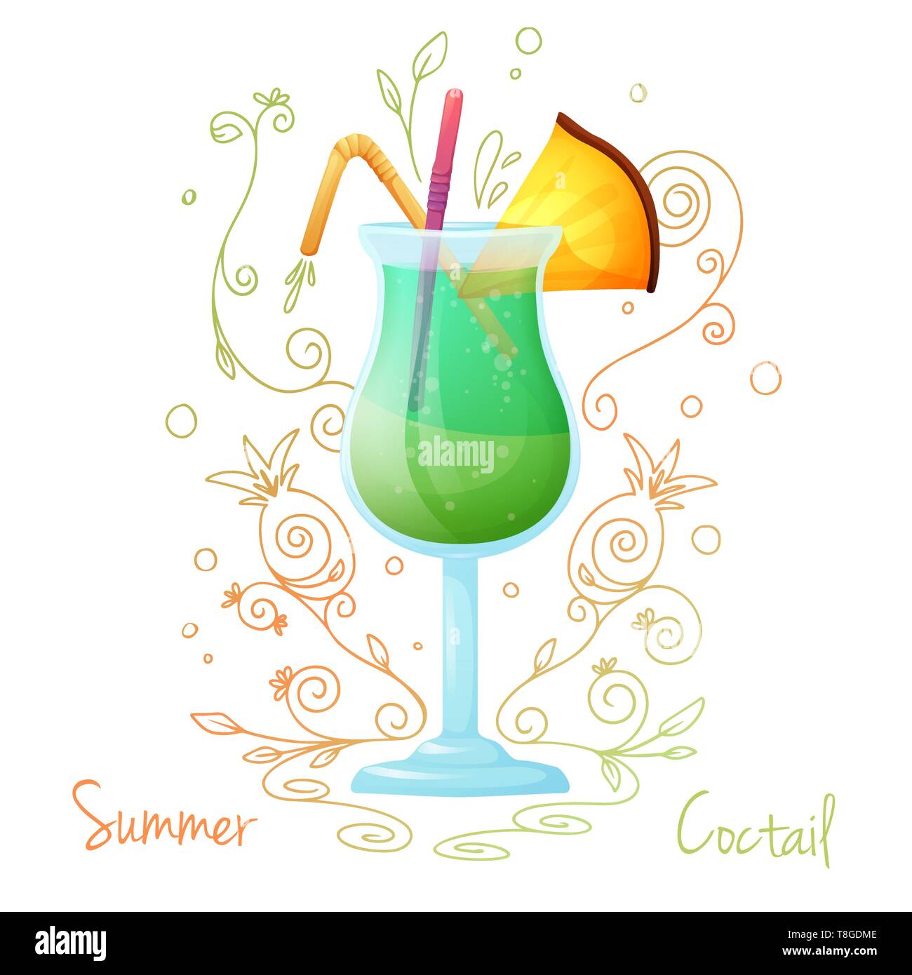 Realistic cocktail on a white background with a doodle, pattern. Vector ...