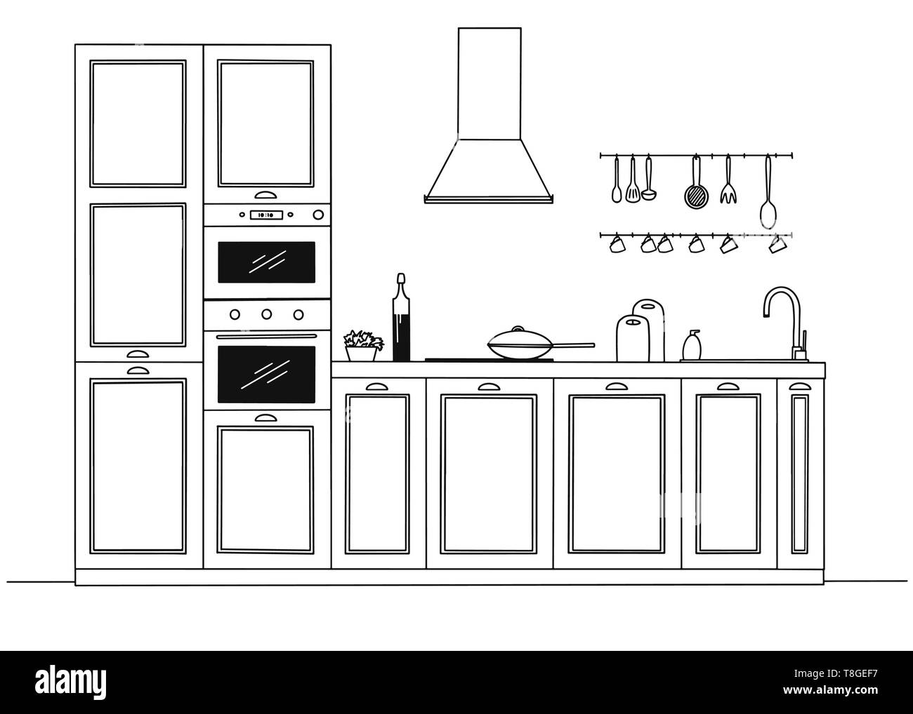 Sketch of the kitchen front view. Vector illustration Stock Vector ...