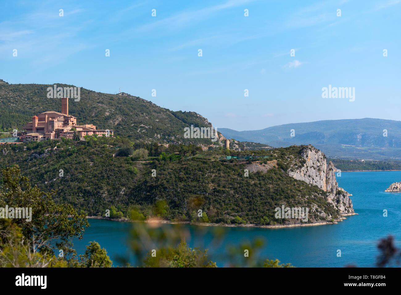 View of the Shrine of Torreciudad from El Grado dam, Aragon, Spain ...