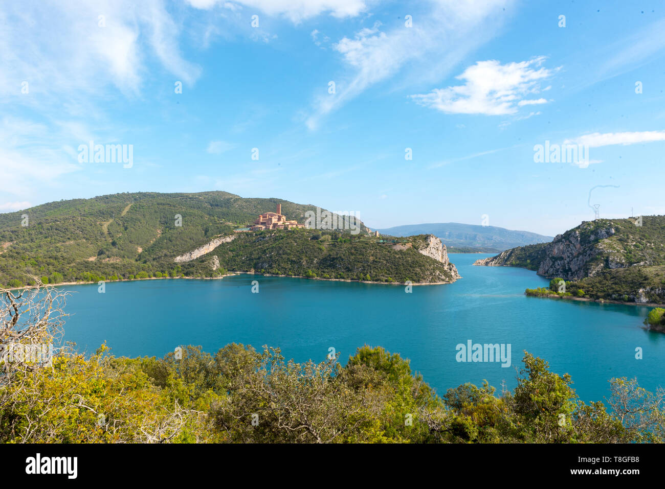 View of the Shrine of Torreciudad from El Grado dam, Aragon, Spain ...