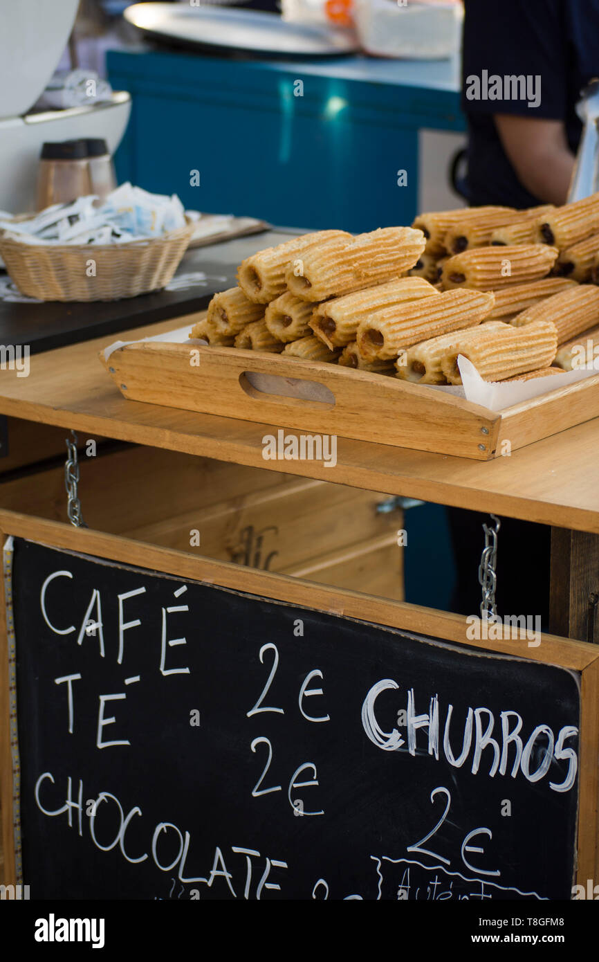 Coffee and Argentinian churros stand, Fuengirola, SPAIN. 03 may, 2019 ...