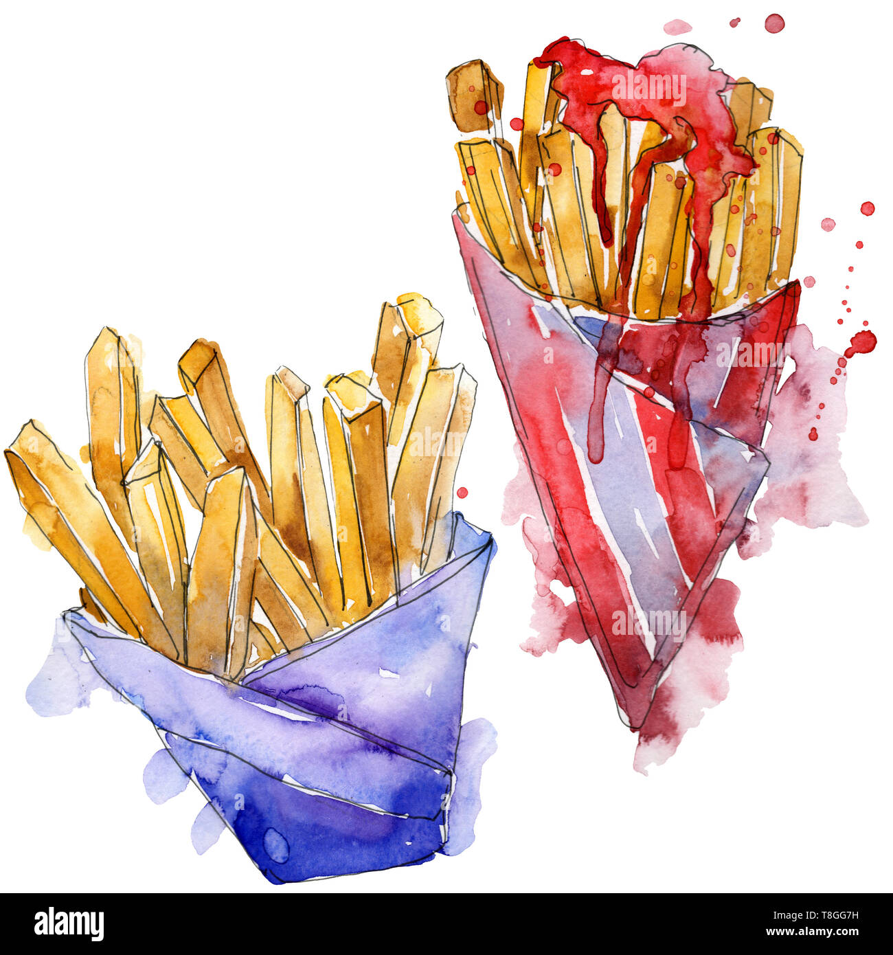 Fast food french fries in a watercolor style set. Aquarelle food ...