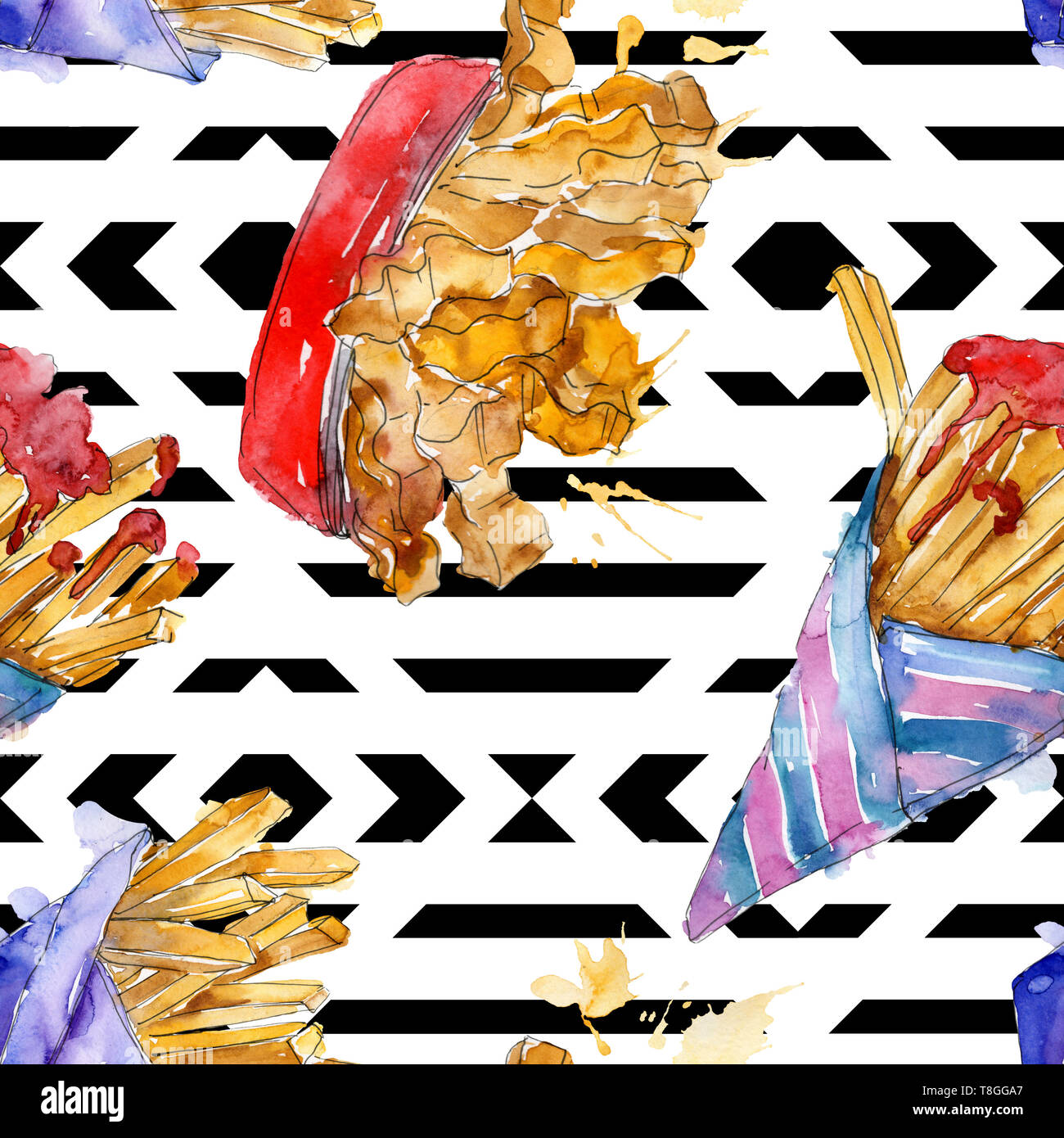 Fast food french fries in a watercolor style set. Watercolor background ...