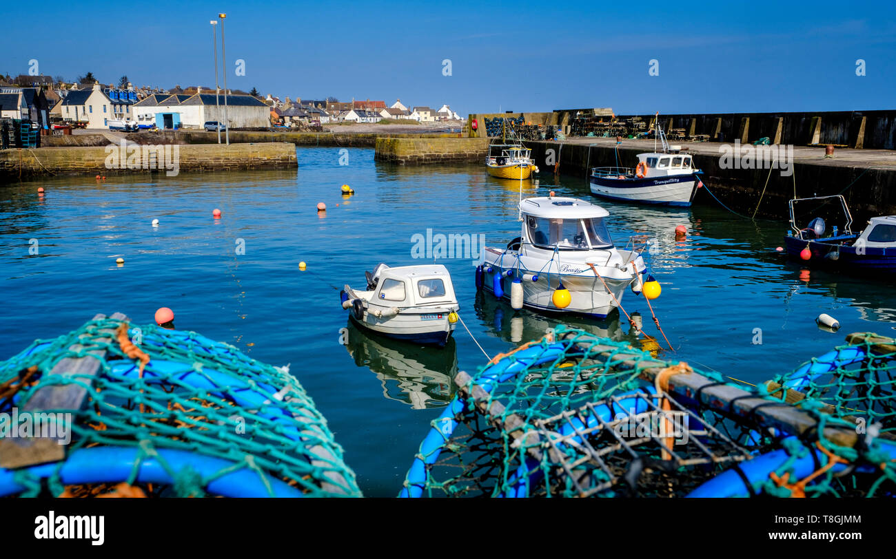 The harbour at the coastal village of Johnshaven in Aberdeenshire ...