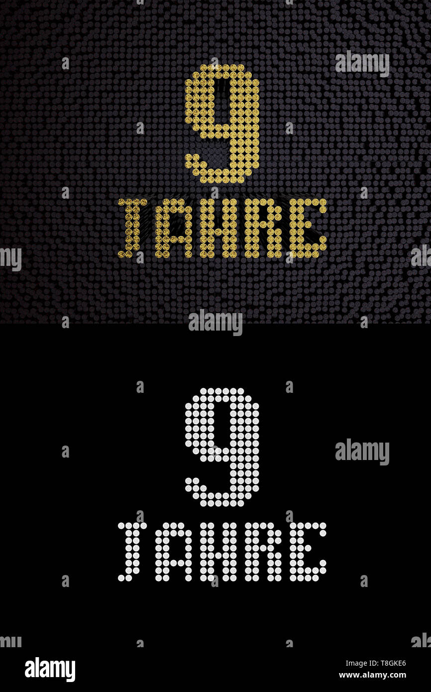 German golden number nine years (number 9 years) dotted font, top view ...