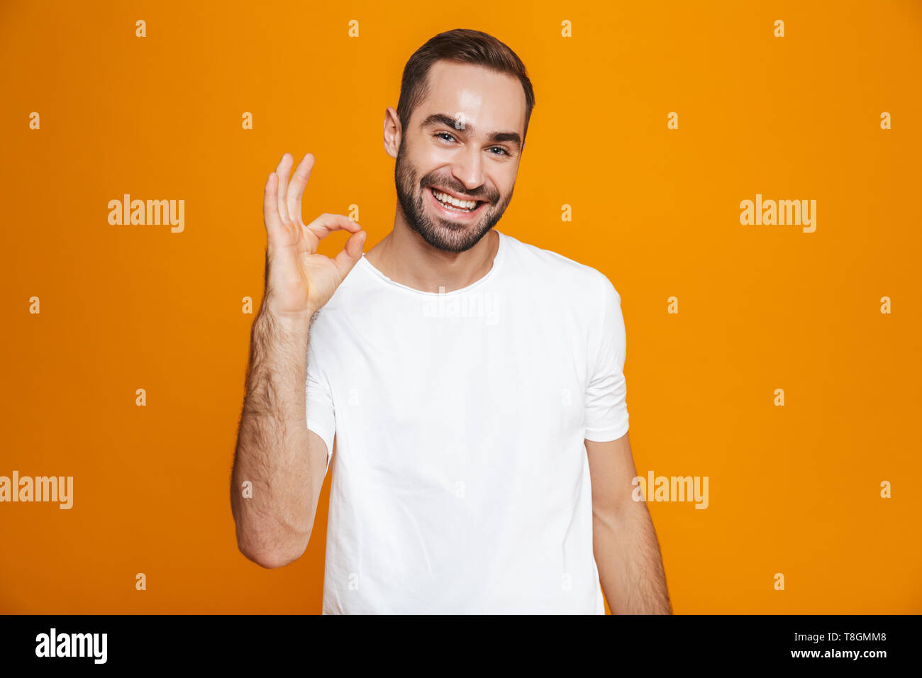 Image of caucasian guy 30s with beard and mustache showing ok sign ...