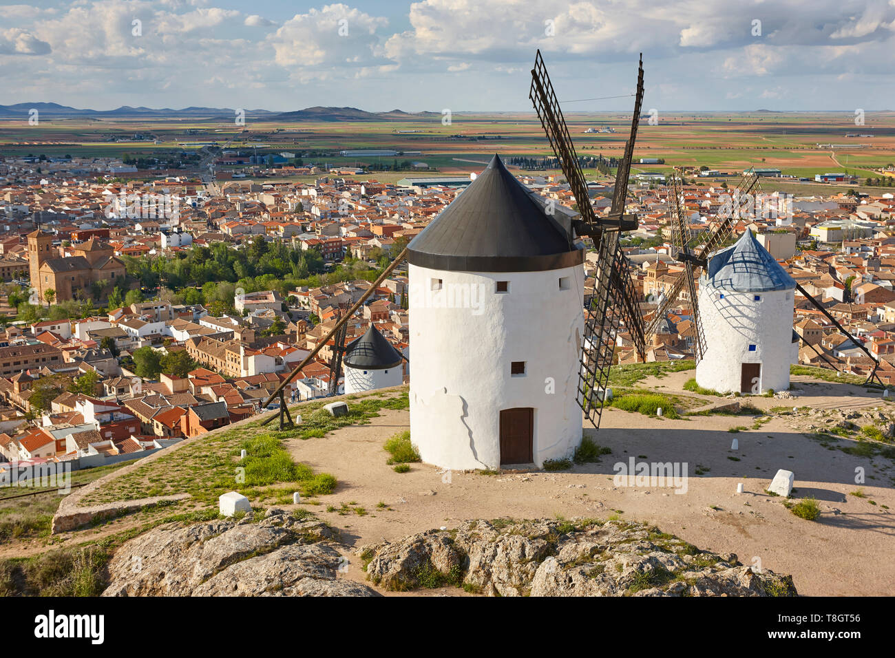 Traditional antique windmills and village in Spain. Consuegra, Toledo ...