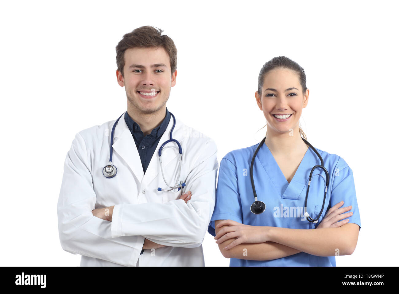 Front view portrait of two medicine students isolated on white ...