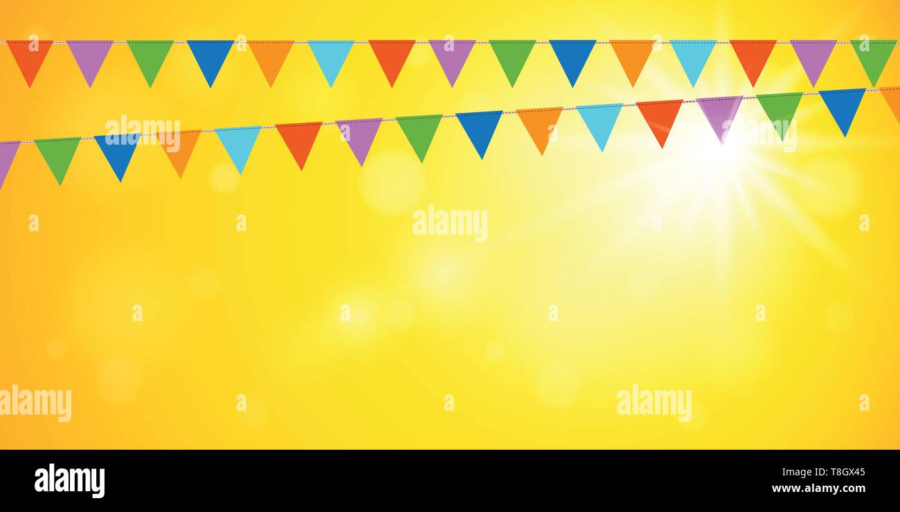 colorful party flags on yellow sunny background vector illustration ...