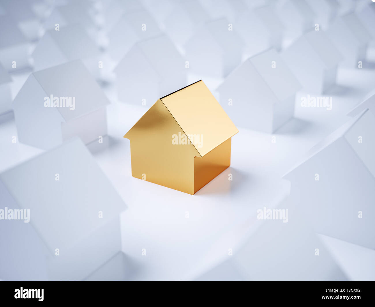 Golden house in group with white houses on white background. Real ...