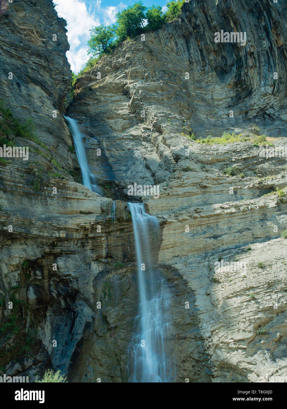 Two waterfalls in Broto, spanish Pyrenees. Huesca in Aragon province ...