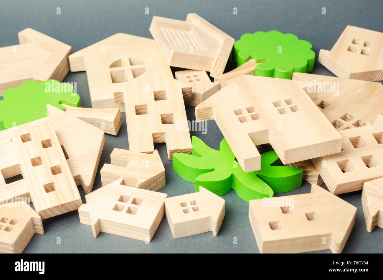 Many felled wooden houses. Destruction of houses as a result of natural ...